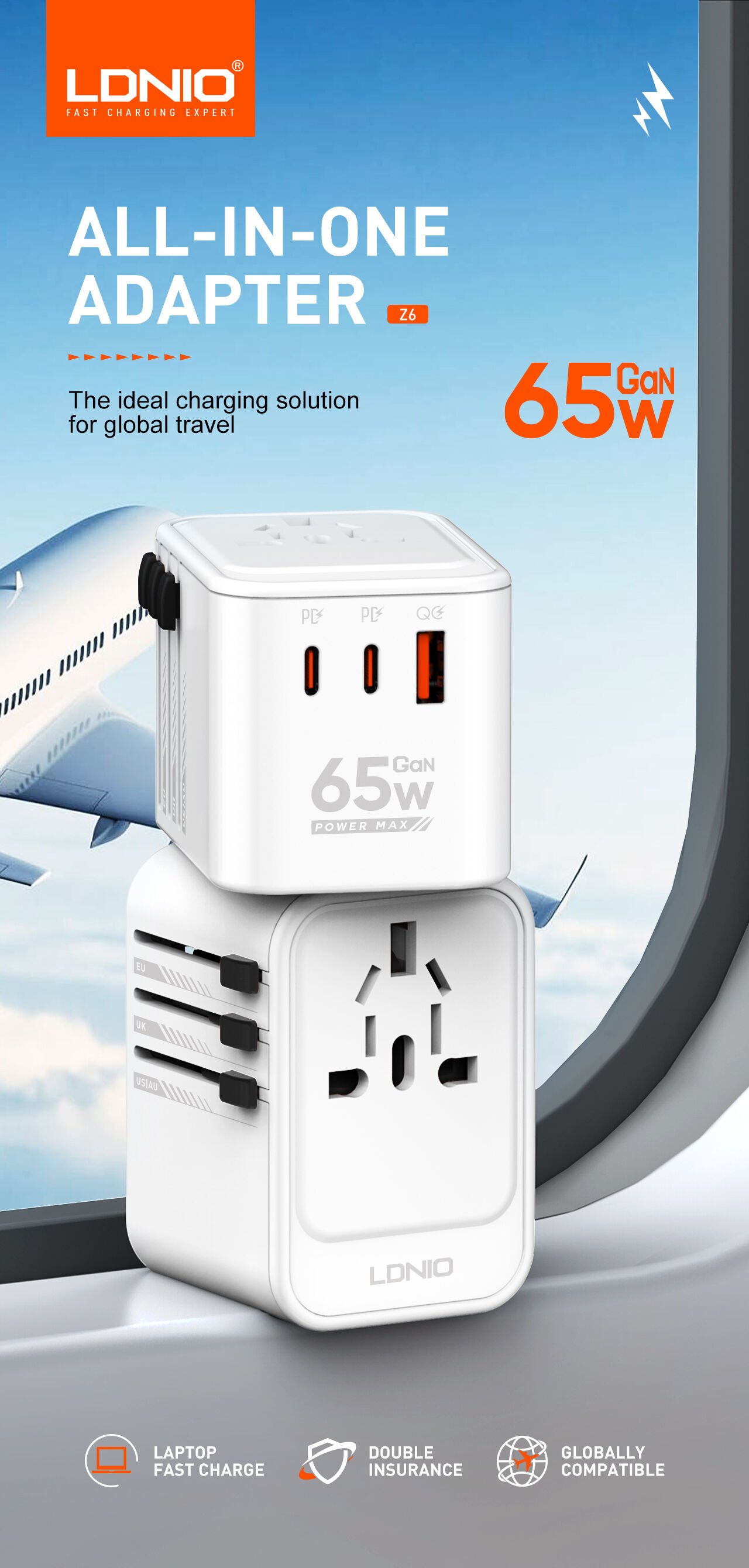 LDNIO Z6 UNIVERSAL TRAVEL ADAPTER GAN CHARGER 65WATT in Nepal | SajiloShop